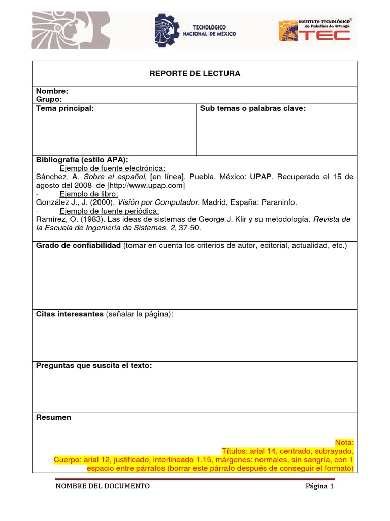Formato Reporte de Lectura | PDF