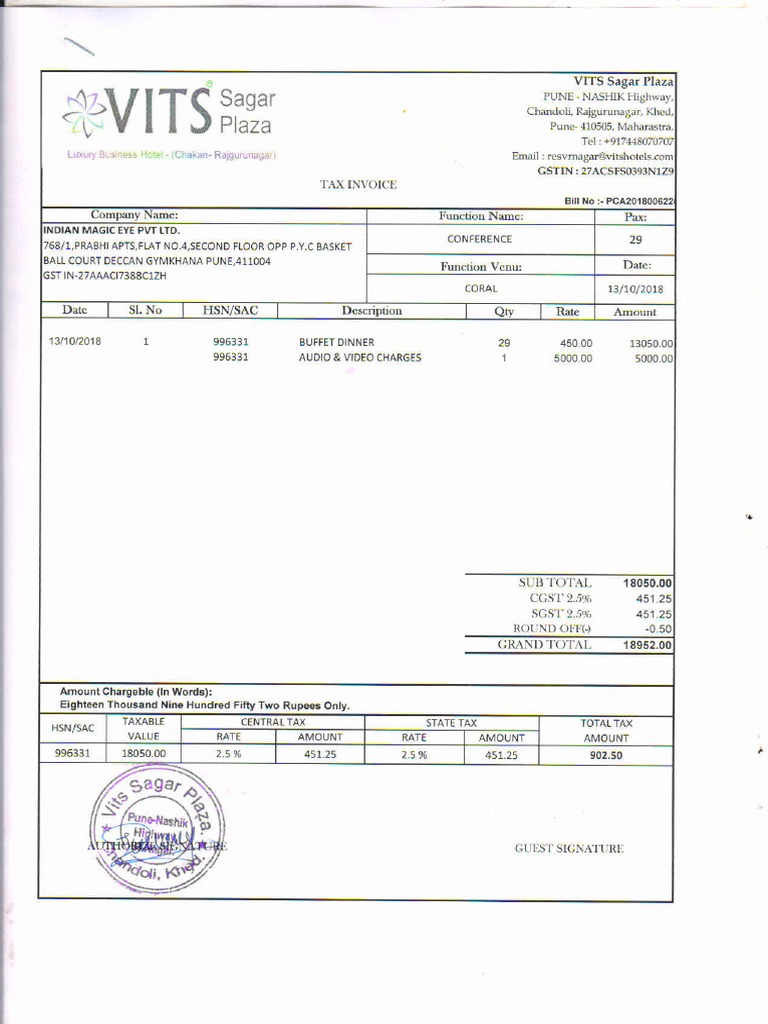 VITS Hotel Invoice | PDF