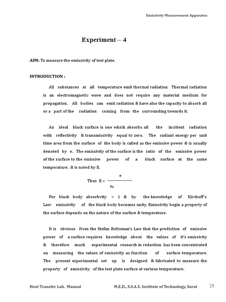 Experiment - 4: AIM: To Measure The Emissivity of Test Plate | PDF ...
