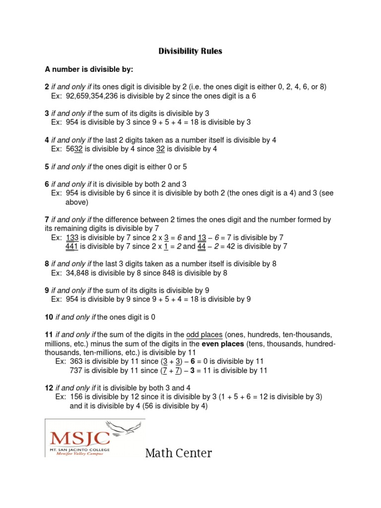 Divisibility Rules: Math Center | PDF