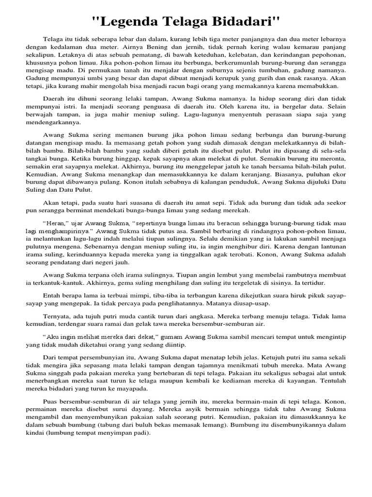 CERPEN Legenda Telaga Bidadari | PDF