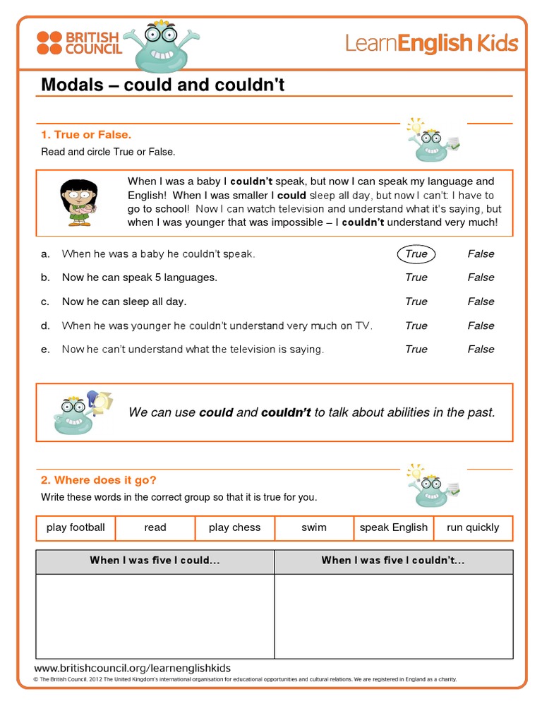 Grammar Games Modals Could and Couldnt Worksheet PDF | PDF ...