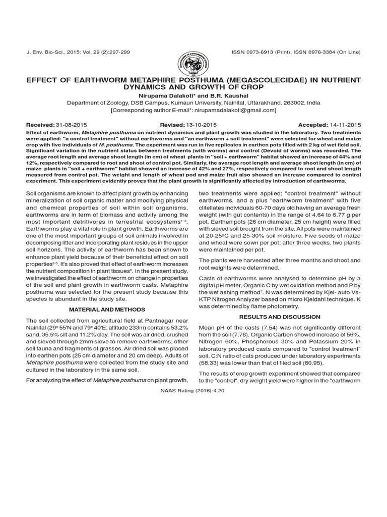 Effect of Earthworm Metaphire Posthuma (Megascolecidae) in Nutrient ...