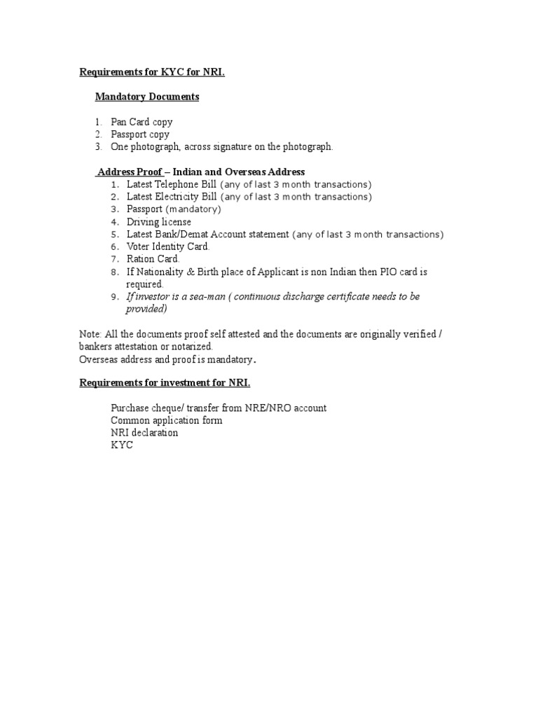 KYC Document Checklist for NRIs | PDF