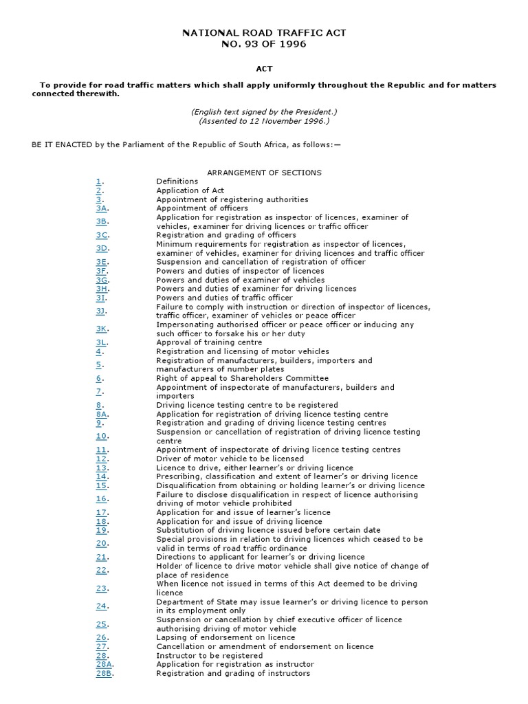 National Road Traffic Act No. 93 of 1996 | PDF | Driver's License | Road