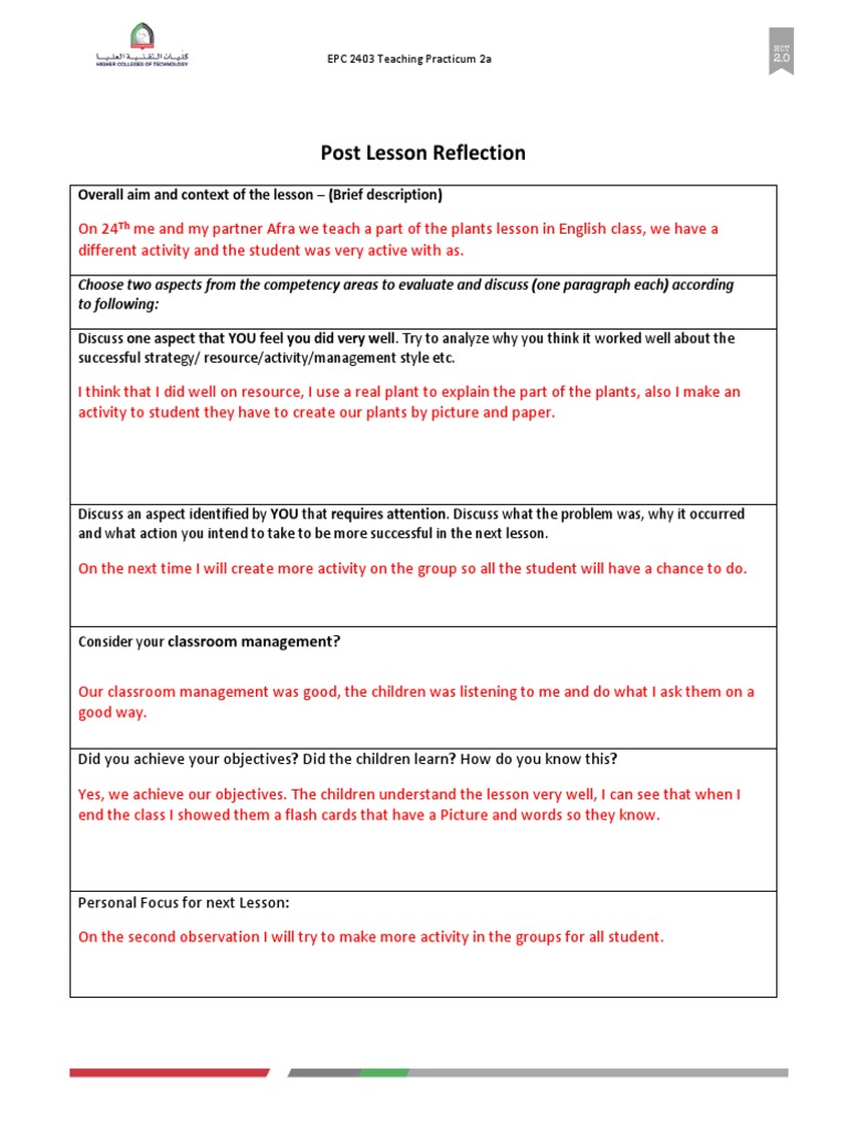 Post Lesson Reflection Template | PDF