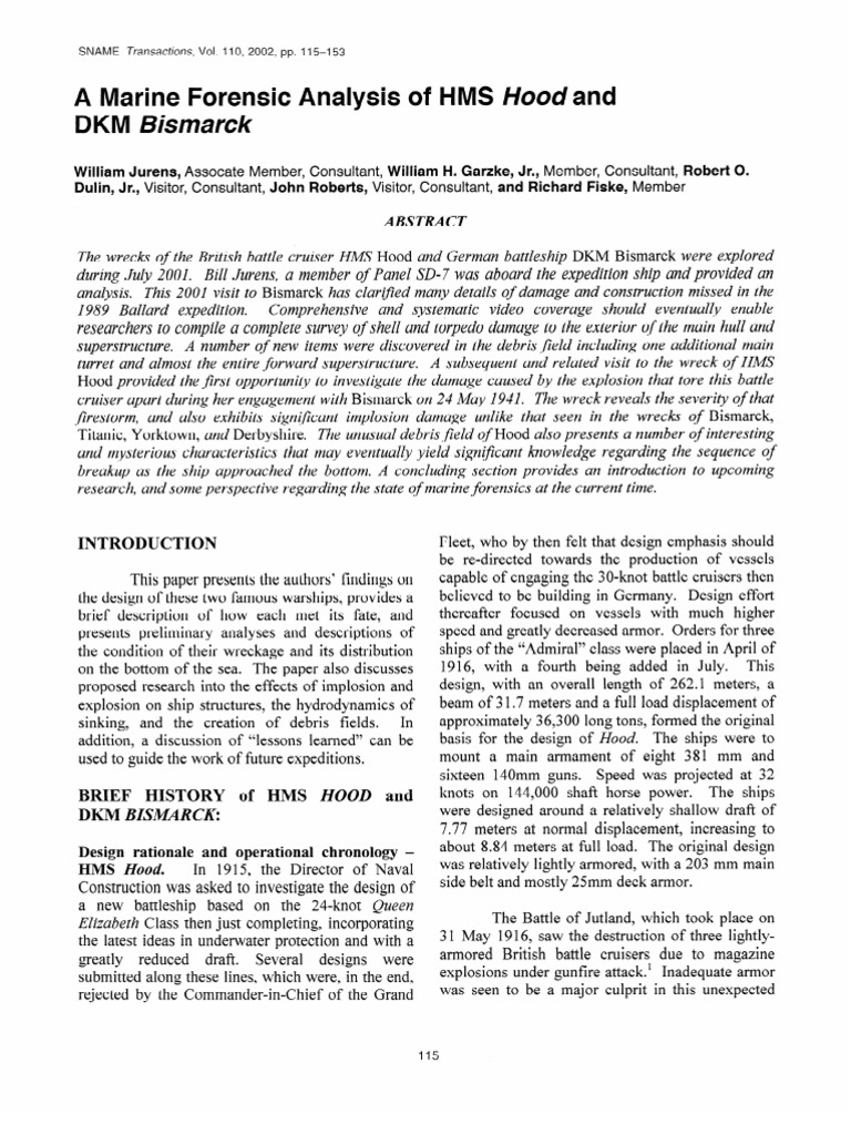 A Marine Forensics Analysis of HMS Hood and DKM Bismarck, 2001 | PDF | Torpedo | Battleship