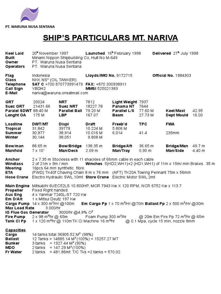 Ship Particular MT. Nariva 2015 | PDF | Nature