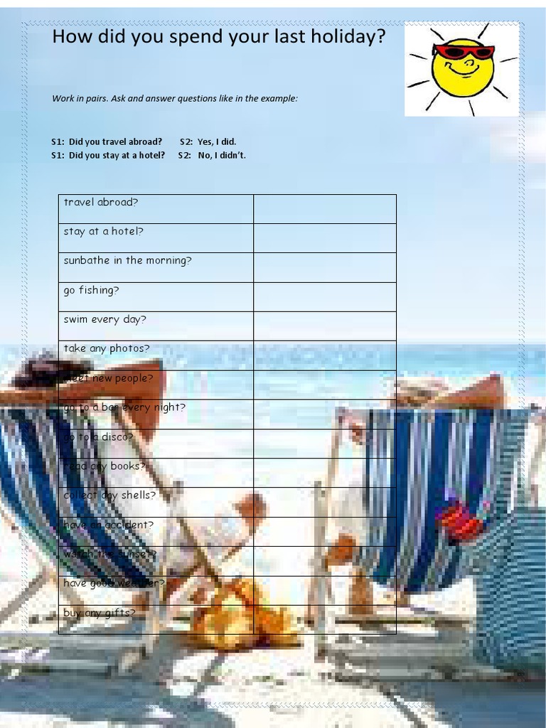 How Did You Spend Your Last Holiday?: Work in Pairs. Ask and Answer ...