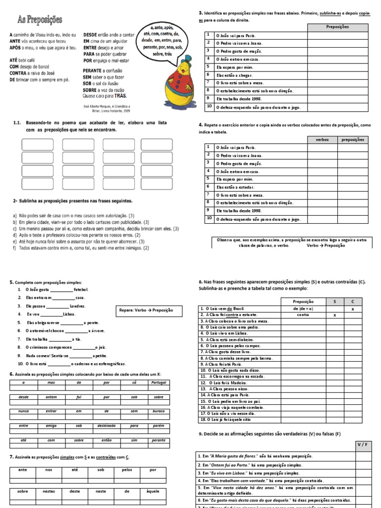 Identificação de preposições simples e contraídas em frases | PDF ...