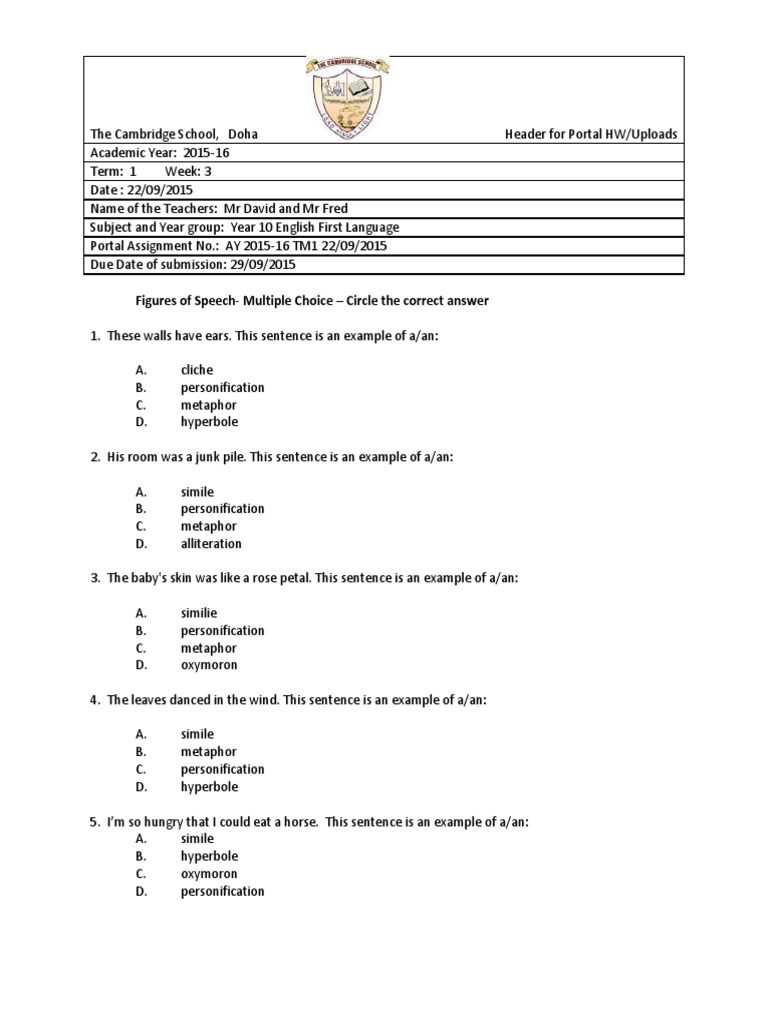Figures of Speech-Multiple Choice - Circle The Correct Answer | PDF