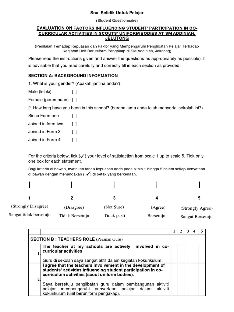 Questionnaire On Factor Influencing Student Participation On Co ...