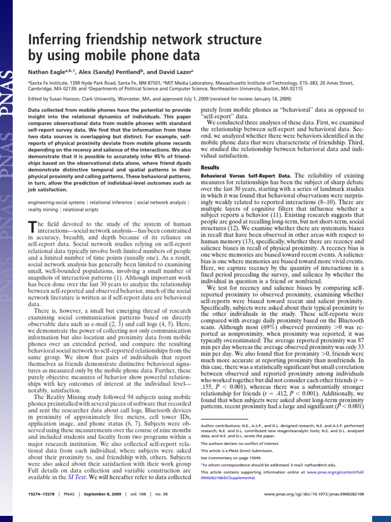 Inferring Friendship Network Structure by Using Mobile Phone Data | PDF ...