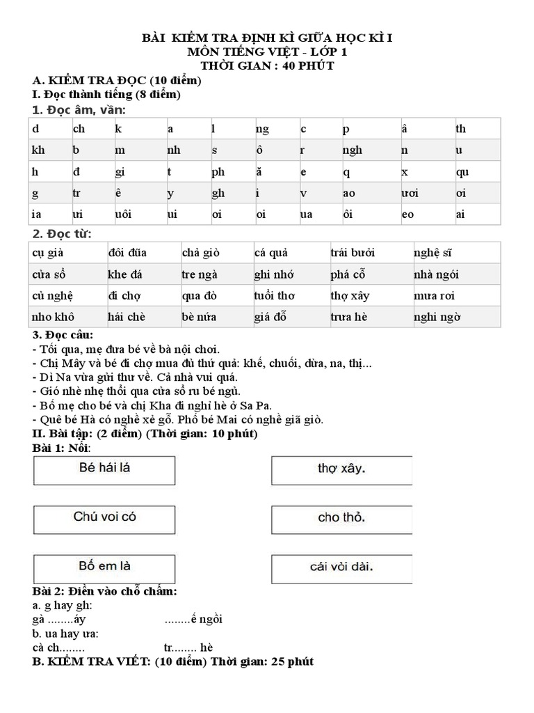 Bo de Kiem Tra Giua Hoc Ki 1 Mon Tieng Viet Lop 1 | PDF