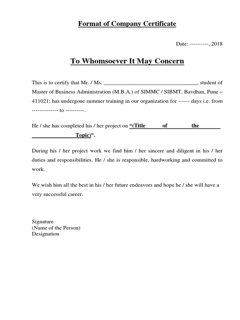 Format of Company Certificate | PDF