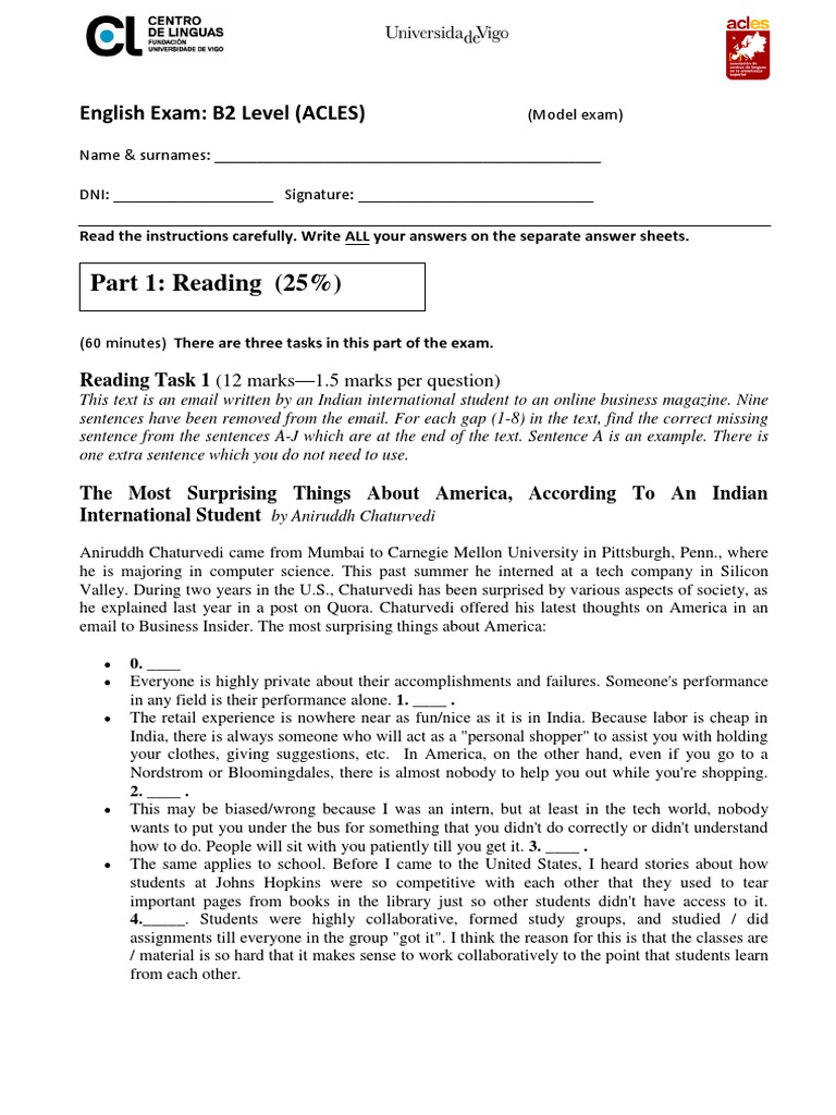 Part 1: Reading (25%) : English Exam: B2 Level (ACLES) | PDF | Question ...