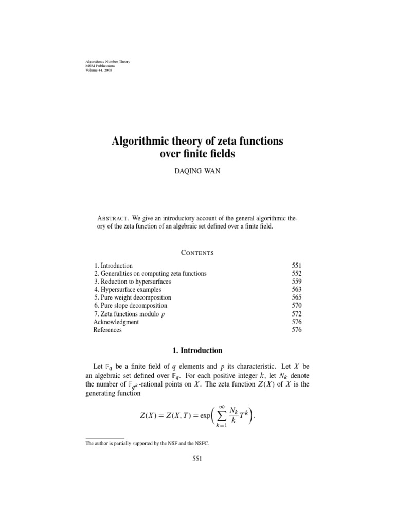 Algorithmic Theory of Zeta Functions Over Finite Fields: Bstract | PDF | Field (Mathematics ...
