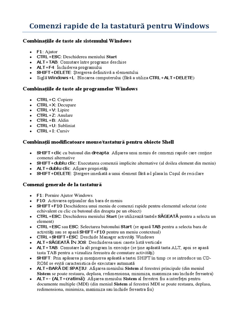 Comenzi Rapide de La Tastatura Pentru Windows PDF | PDF
