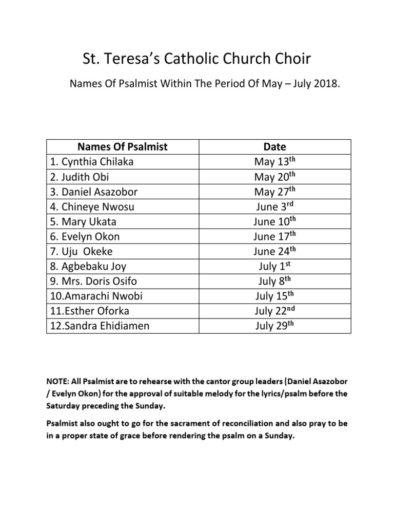 St. Teresa's Choir Psalmist Schedule | PDF