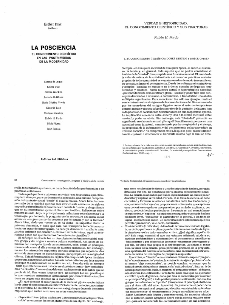 La Posciencia. Esther Díaz. Cap. Verdad e Historicidad. Rubén Pardo. | PDF