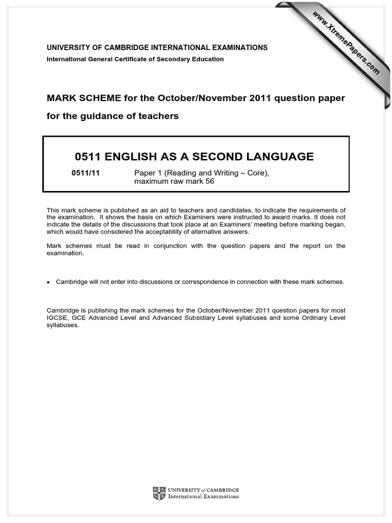 0511 English As A Second Language: MARK SCHEME For The October/November ...