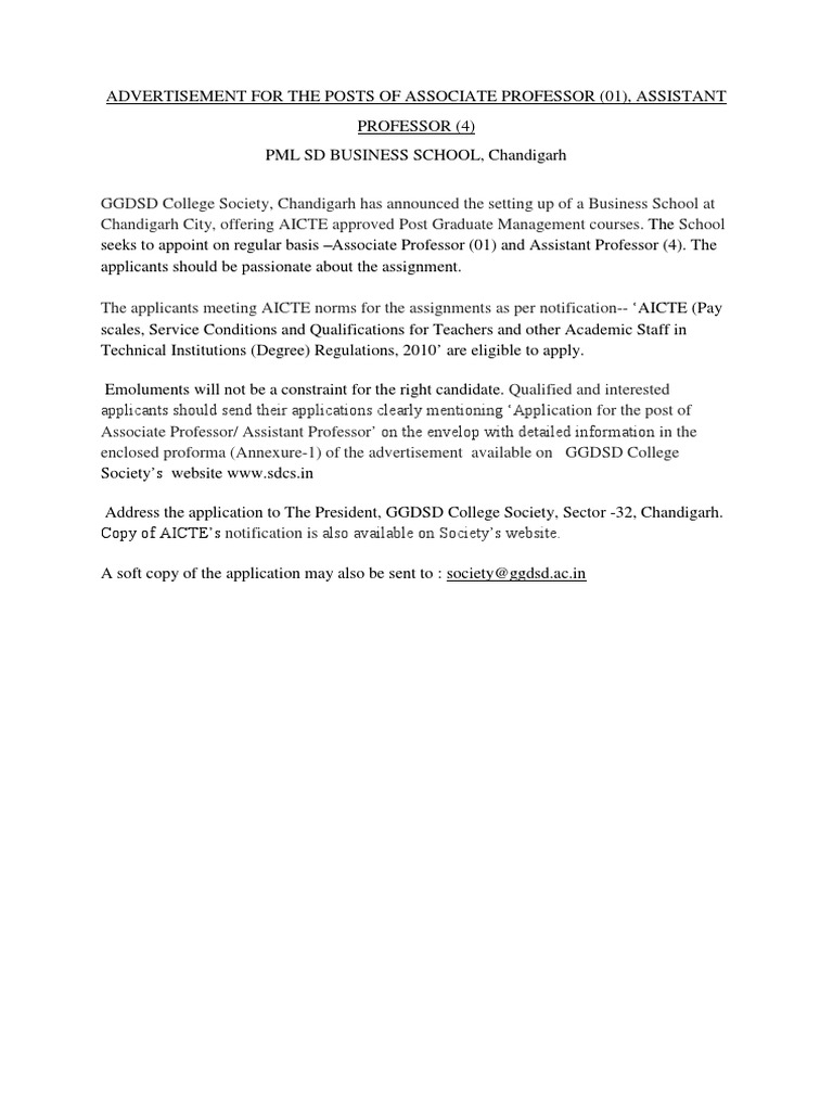 ADVERTISEMENT For The POST of Associate Assistant Professor SD | PDF ...