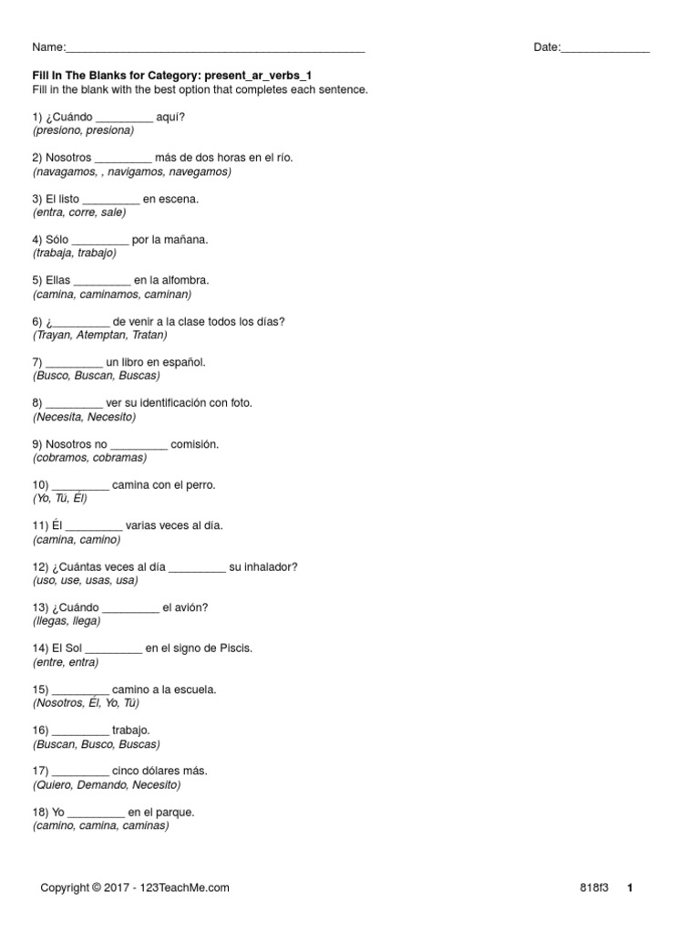 Present Ar Verbs 1-Fill in The Blanks | PDF | Ocio