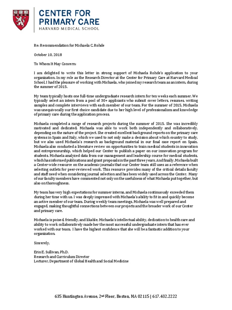 Harvard Medical School Recommendation for Michaela Rohde | PDF ...