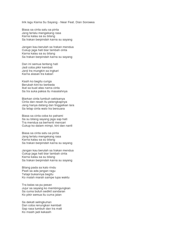 Lirik Lagu Karna Su Sayang | PDF