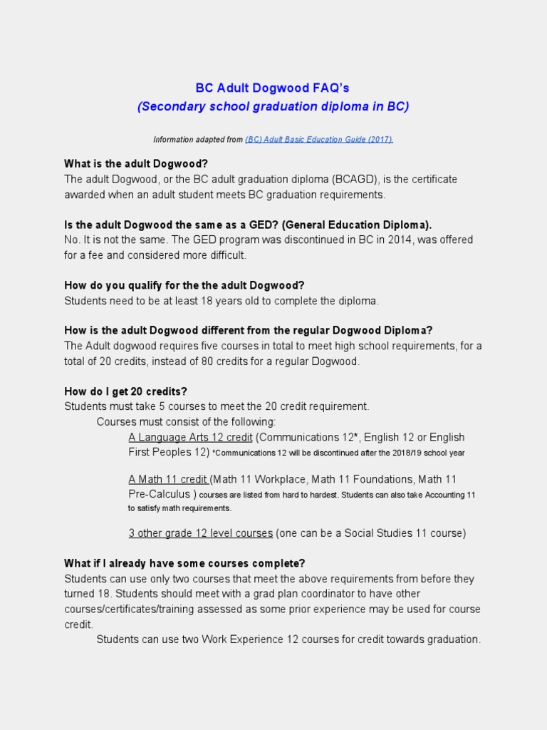 (Secondary School Graduation Diploma in BC) : BC Adult Dogwood FAQ's ...