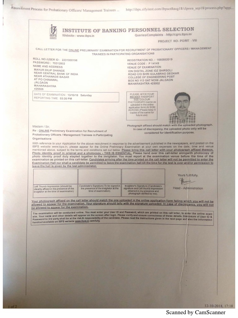 IBPS Po Hall Ticket | PDF