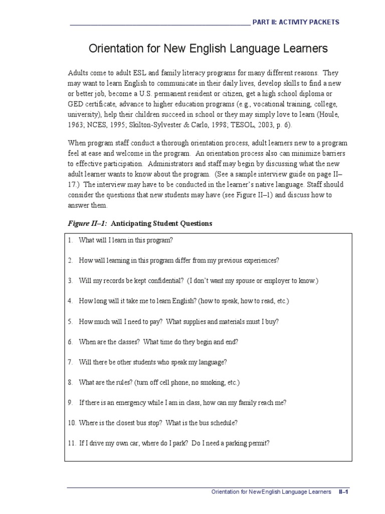Orientation Guide for New ESL Learners | PDF | English As A Second Or ...