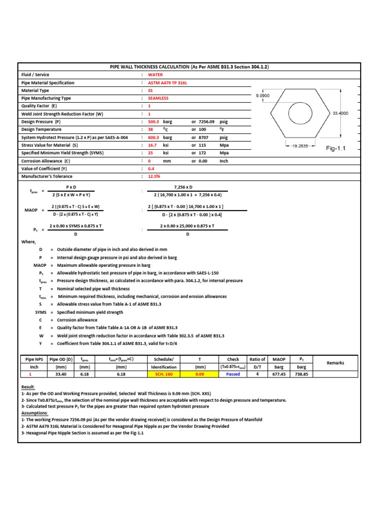 Pipe Wall Thickness Calculation (As Per Asme B31.3 Section 304.1.2 ...