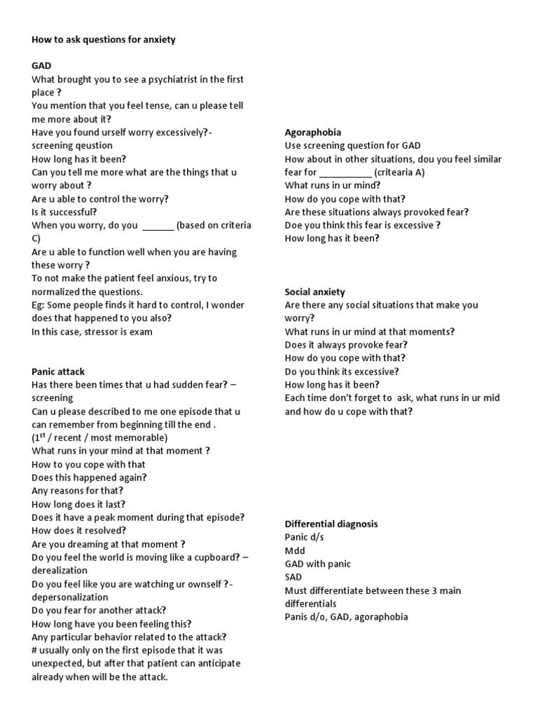How To Ask Questions For Anxiety GAD | PDF | Agoraphobia | Anxiety