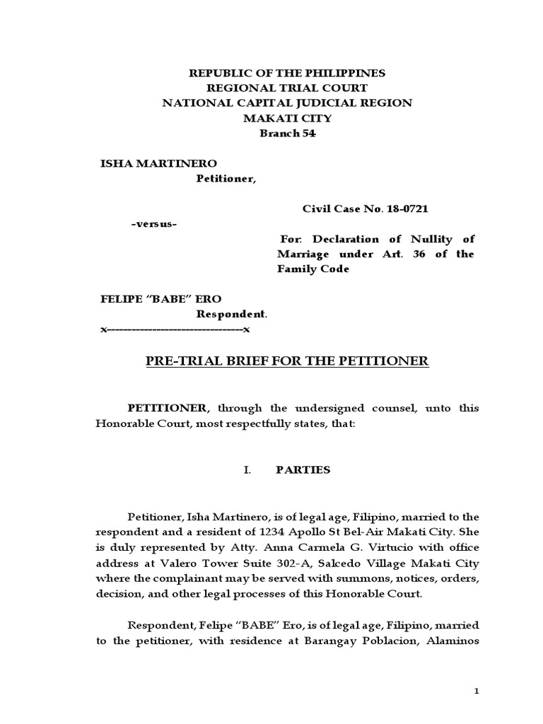 Pretrial Brief (Final Draft Version) | PDF | Marriage | Testimony