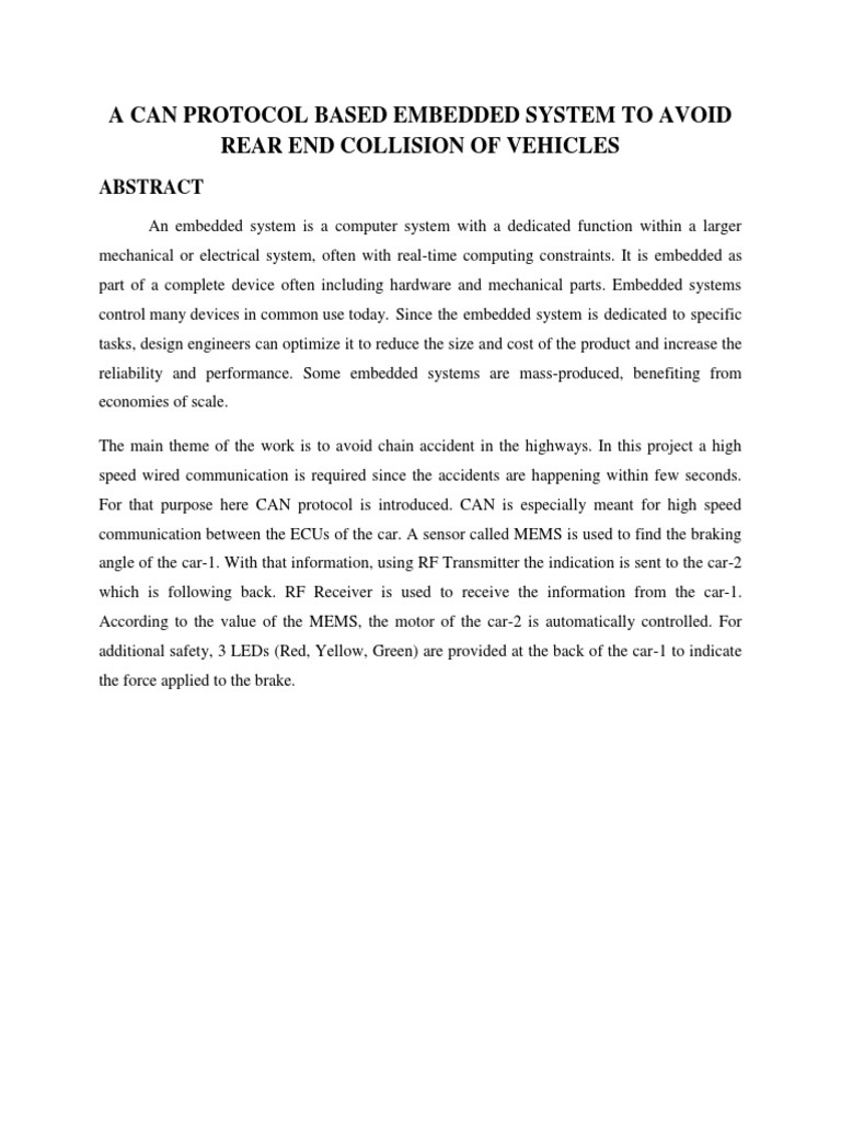 A Can Protocol Based Embedded System To Avoid Rear End Collision of ...