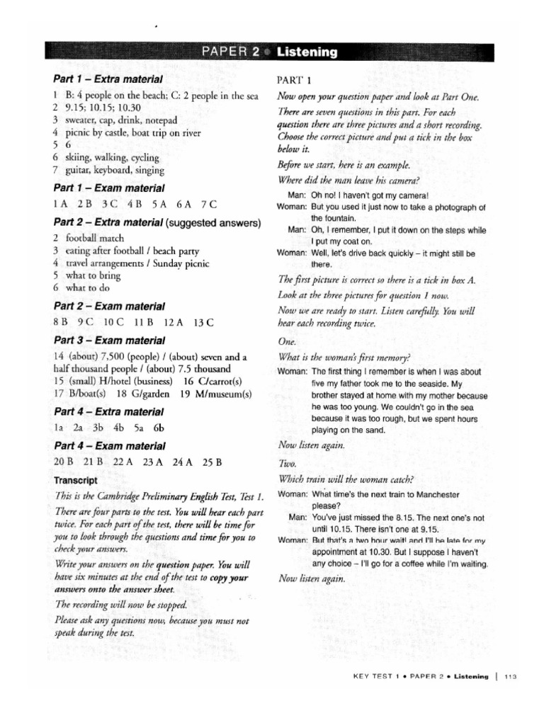 Exams Extra PET1 - Transcript+keys PDF | PDF