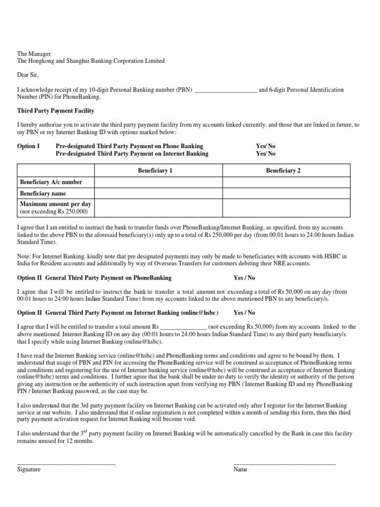 HSBC Third Party Transfer Activate Form | PDF | Online Banking | Banks ...