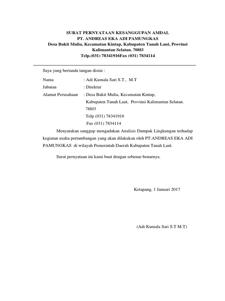 Surat Pernyataan Kesanggupan Amdal | PDF