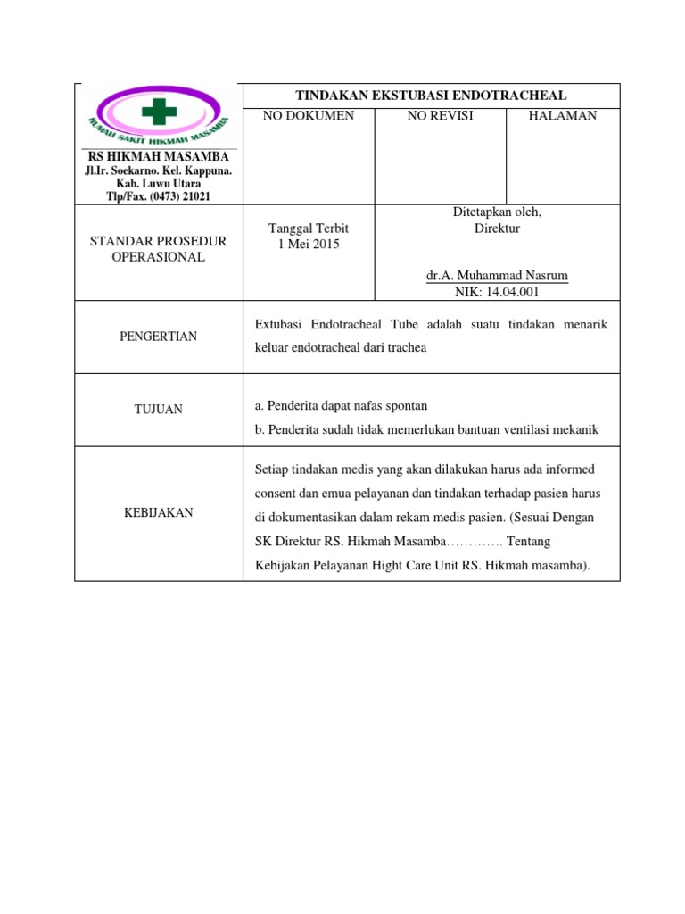Prosedur Extubasi Endotracheal RS Hikmah | PDF