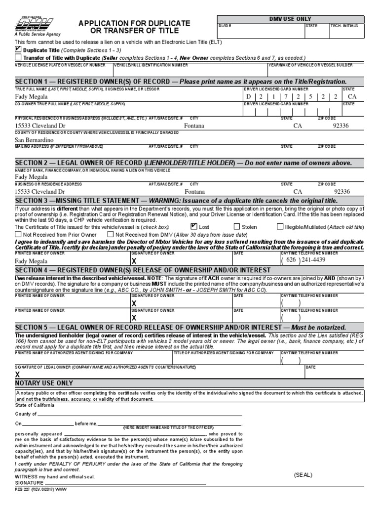 REG 227, Application For Duplicate or Paperless Title | PDF ...
