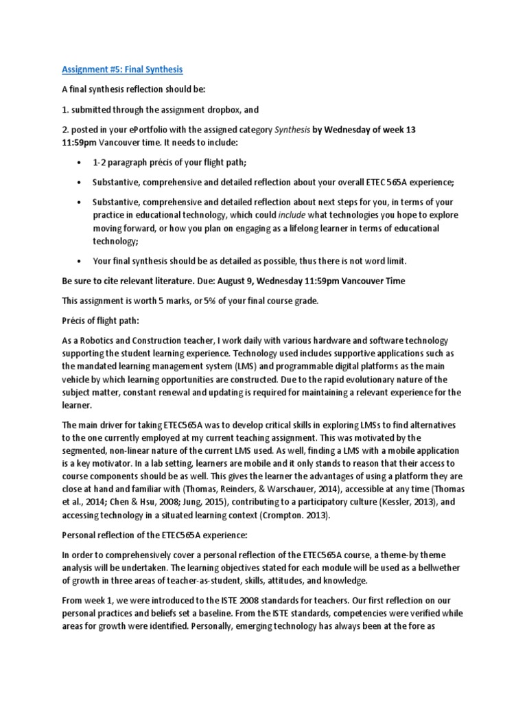 Assignment #5: Final Synthesis: 11:59pm Vancouver Time. It Needs To ...