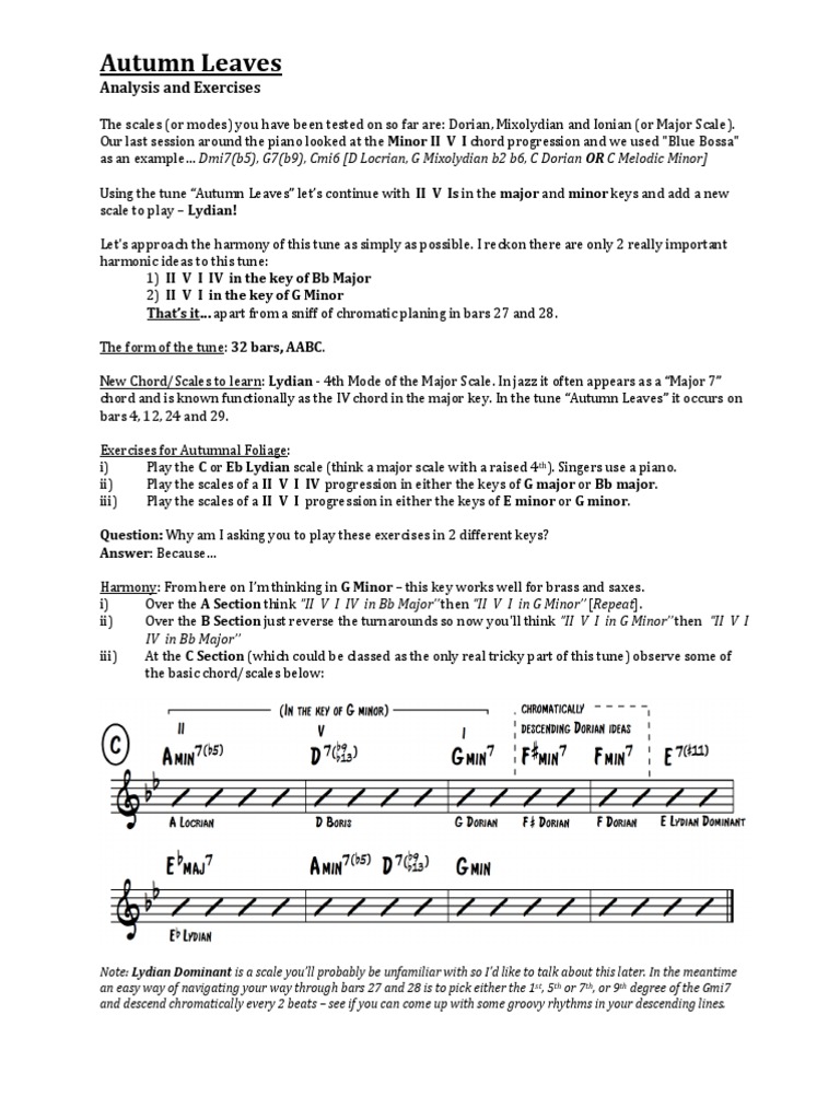 Autumn Leaves Analysis and Exercises PDF | PDF | Minor Scale | Chord ...