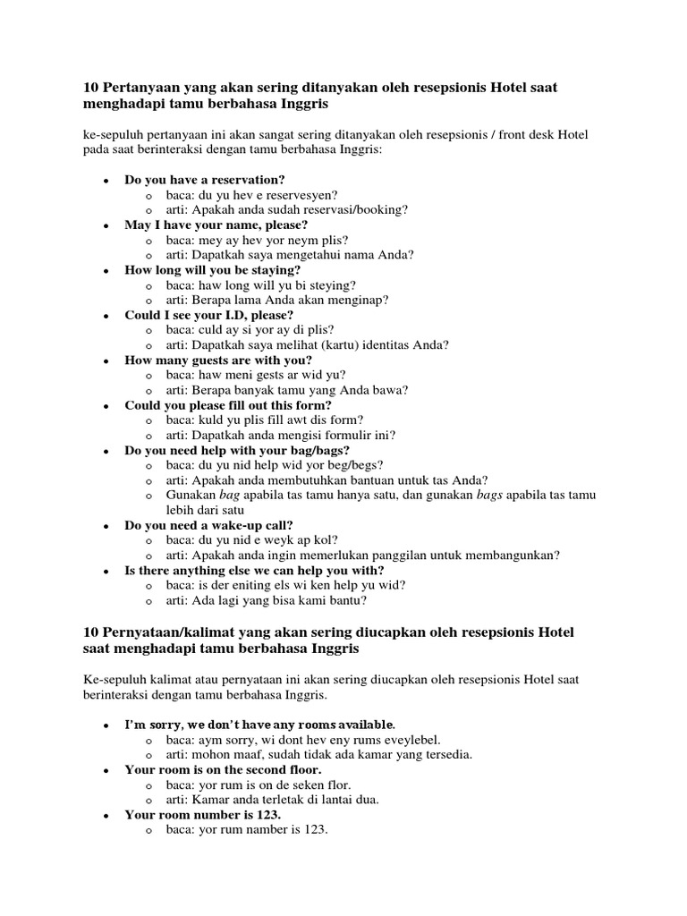 Ten Common Questions and Statements by Hotel Receptionists for English ...