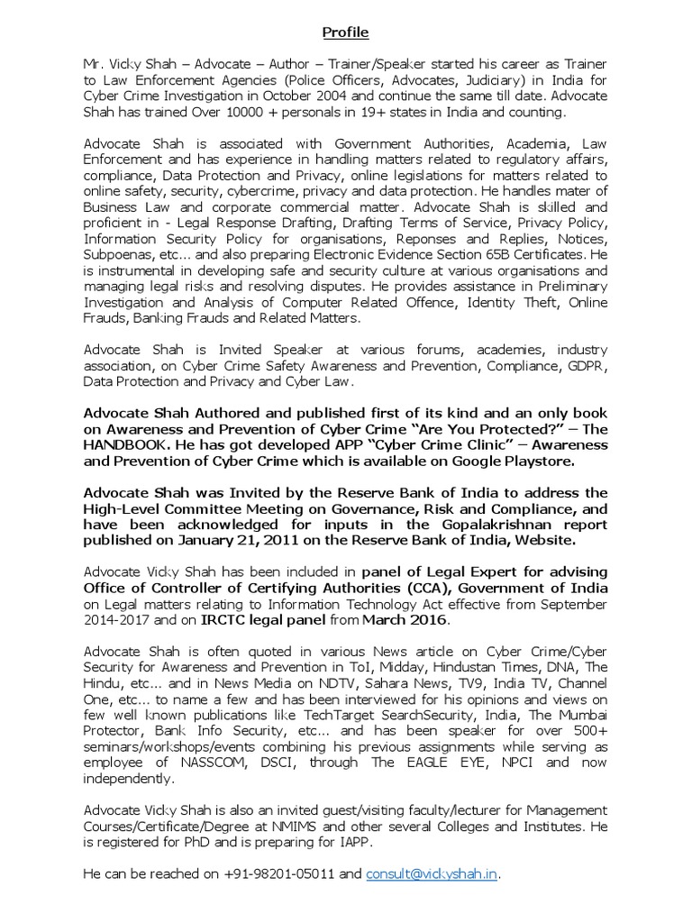 Profile Advocate Vicky Shah | PDF | Cybercrime | Information Privacy