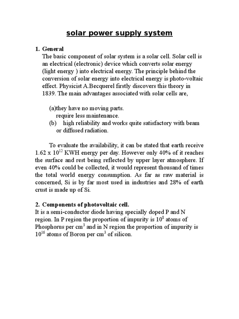 Solar Power Supply System: 1. General | PDF | Solar Cell | Silicon