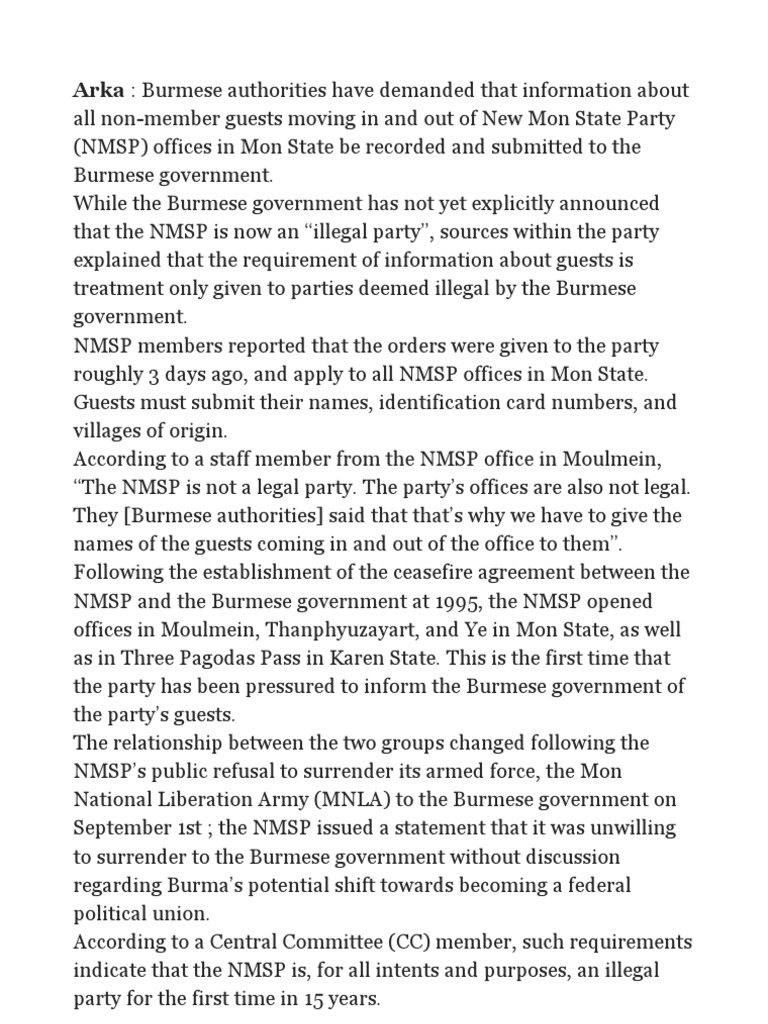 SPDC Treats NMSP As A Illegal Party | PDF | Myanmar | Politics Of Myanmar