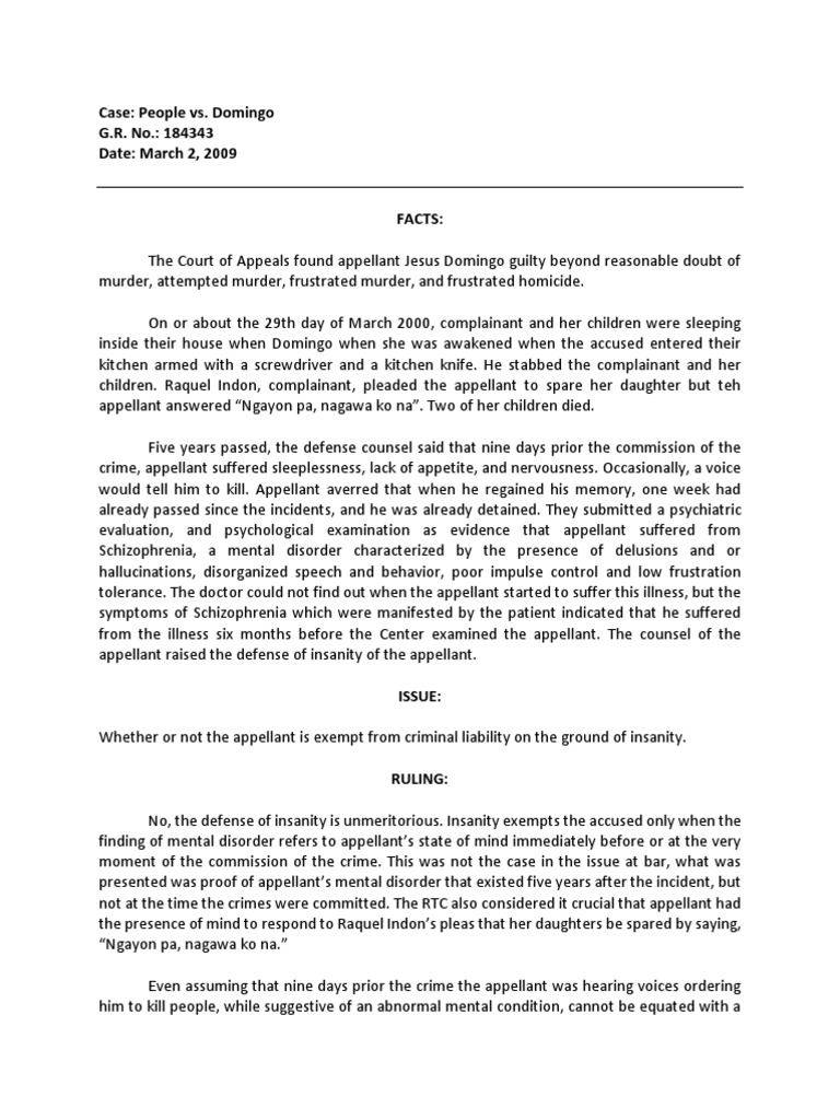 People vs Domingo Murder Insanity Defense | PDF | Insanity Defense ...
