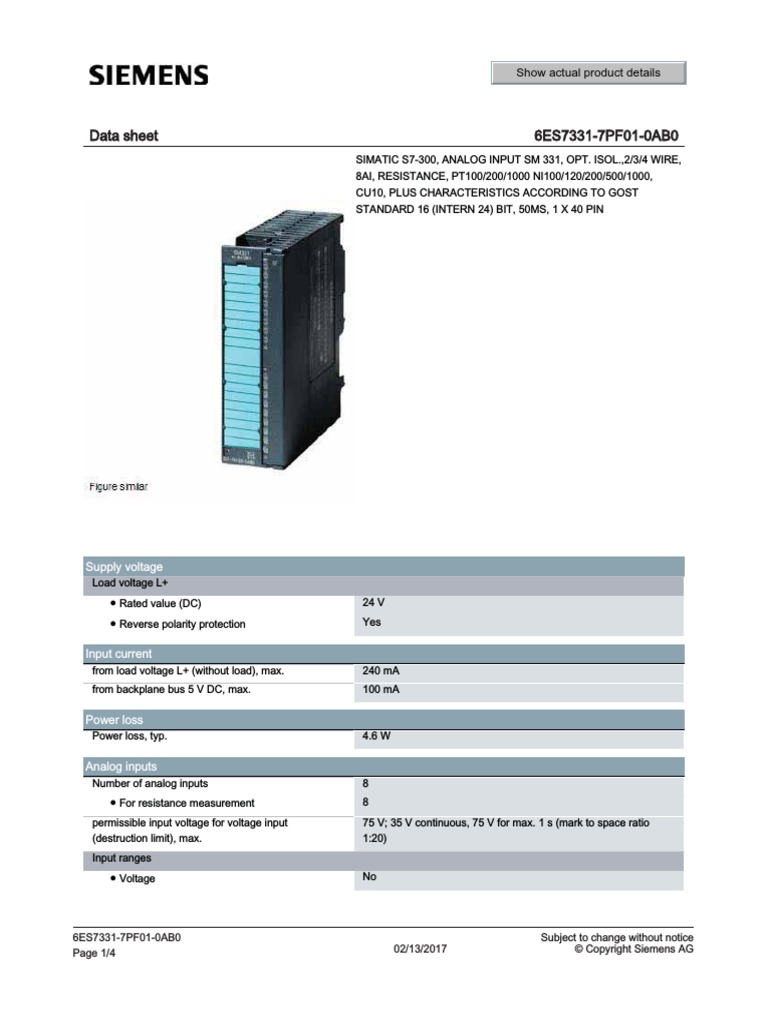 (6es7331-7pf01-0ab0) - Simatic s7-300, Analog Input SM 331 RTD | PDF