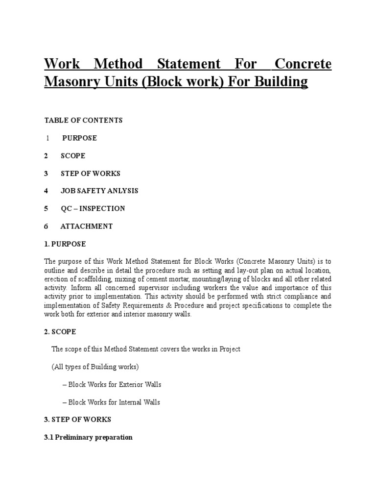 Work Method Statement For Concrete MAsonry | PDF | Masonry | Architectural Elements